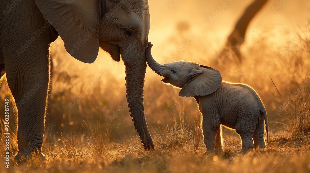 A baby elephant standing on tiptoes, reaching its trunk up to touch its ...