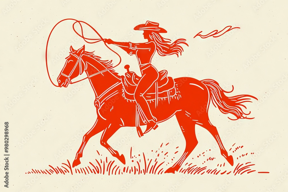 One line drawing of a cowboy with a rope lasso riding a horse and ...
