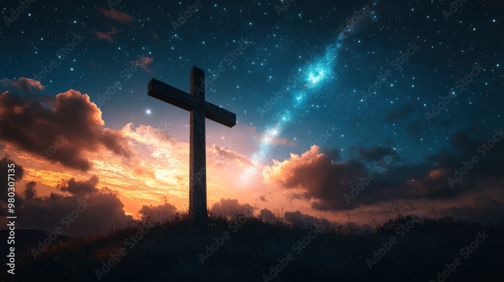 The Old Rugged Cross At Sunrise With Clouds And Starry Sky ...