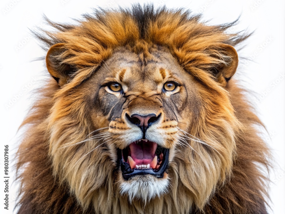 Fierce and intimidating portrait of a roaring lion with a aggressive ...