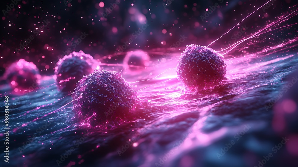 Multiple laser beams converging on cancer cells, demonstrating the high ...