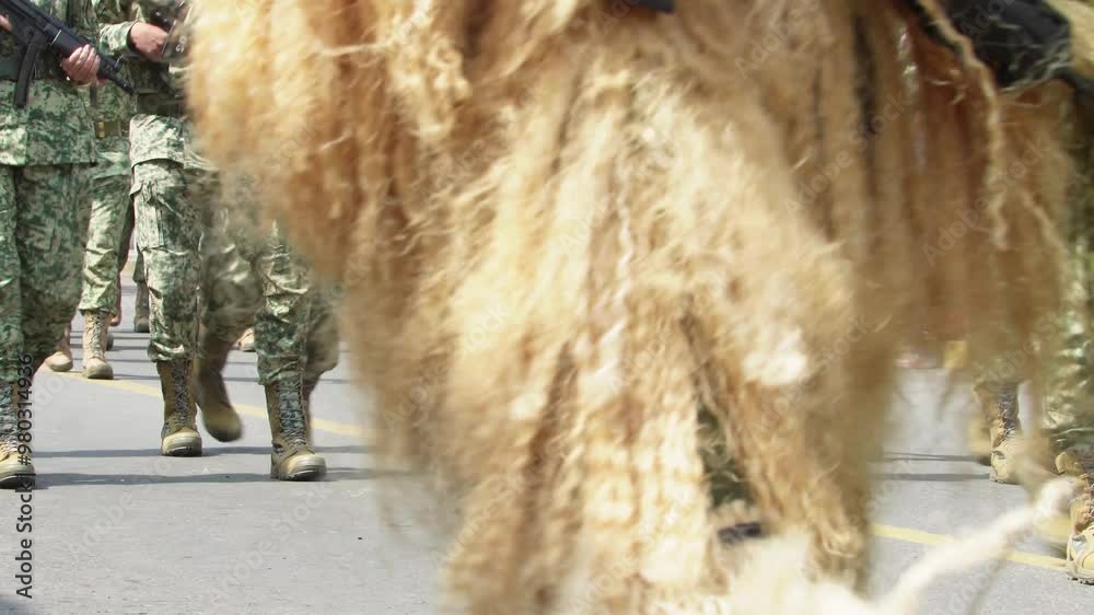 group of soldiers marching using special camouflage costumes. Special ...