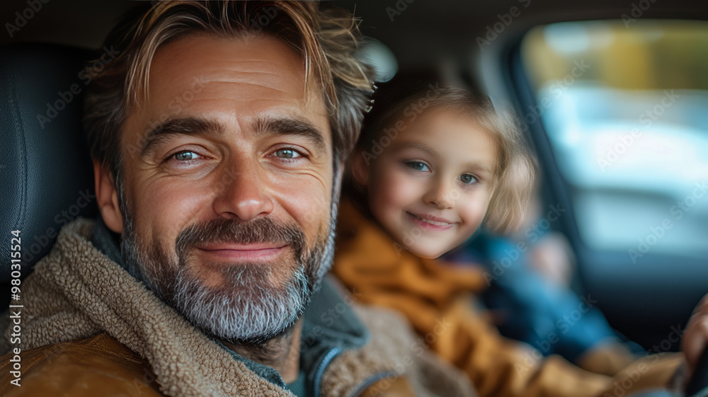 full family SUV in line for a car wash, dad driver has slightly ...
