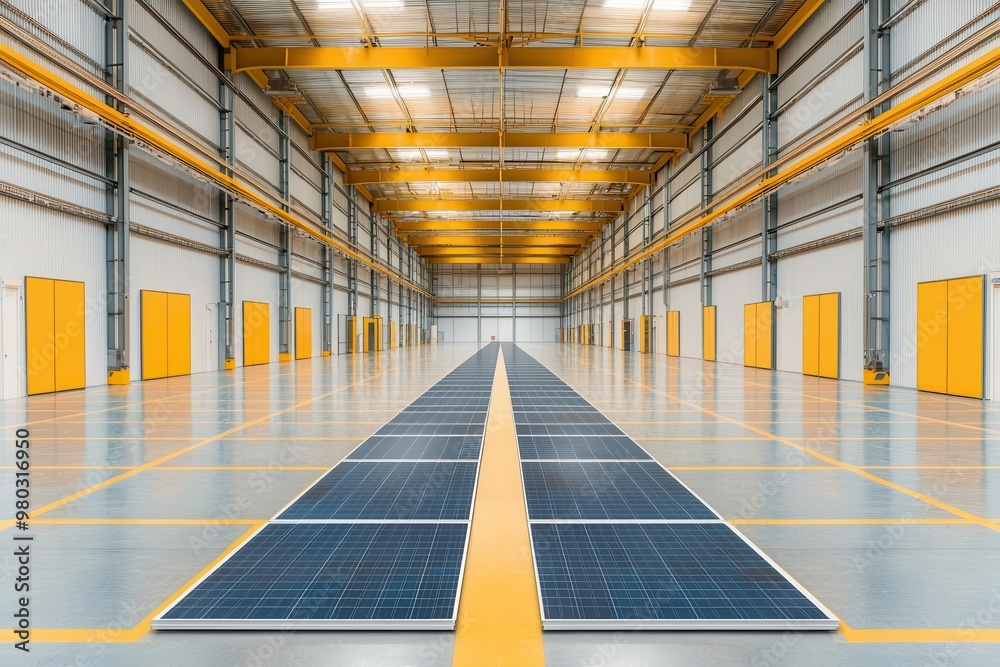 A factory hall with a solar canopy that provides shading and power for ...