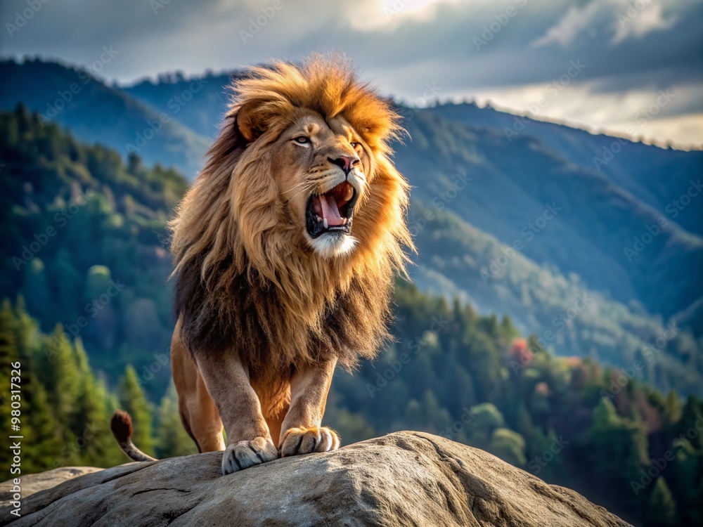 Wild and fierce lion roaring on a mountain peak in the forest, its ...
