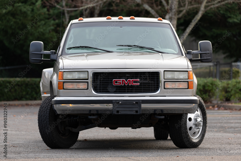 Portland, OR, USA- Dec 13, 2023- 1999 Silver GMC 3500 dually SLE 4x4 ...