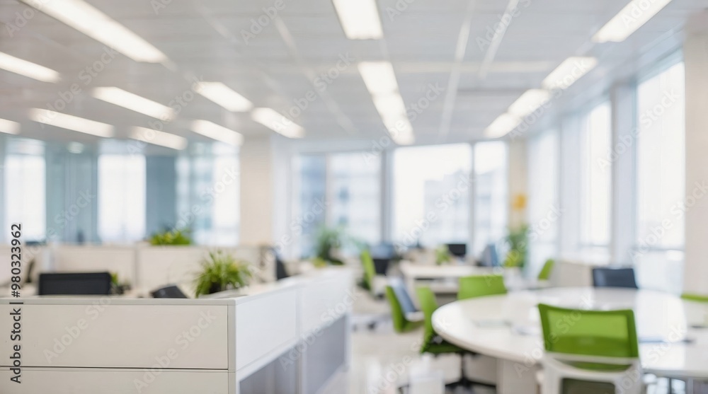 Blurred office interior meeting room with desks, chairs and monitors ...