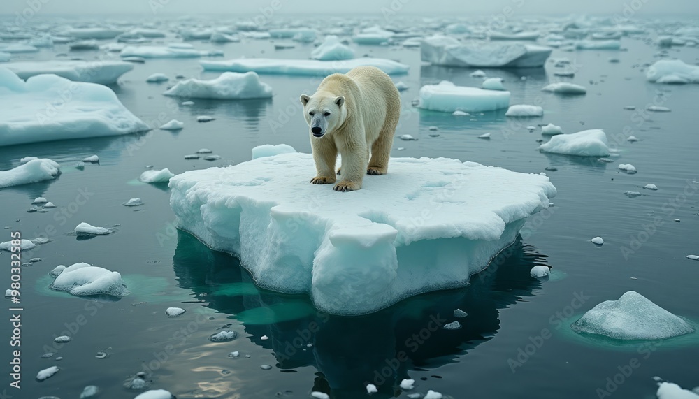 Lone Polar Bear on a Crumbling Iceberg Amid Polluted Seas, Symbol of ...