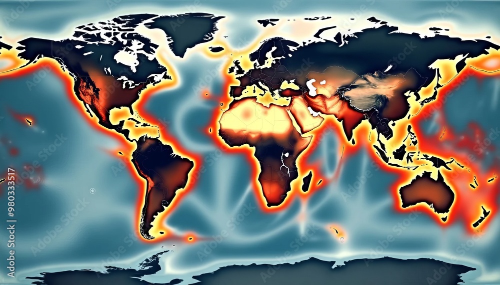 Digital World Map Showing Regions Impacted by Climate Change Stock ...