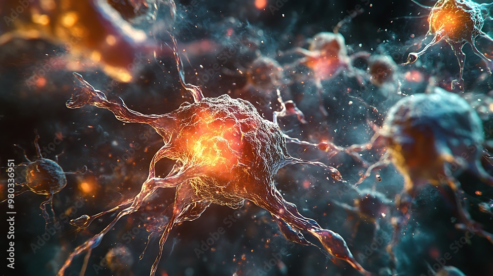 Abstract visualization of cancer cell destruction, with fragments ...