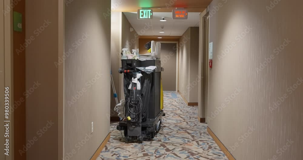 Hotel housekeeping cart waiting outside the room in hallway while ...
