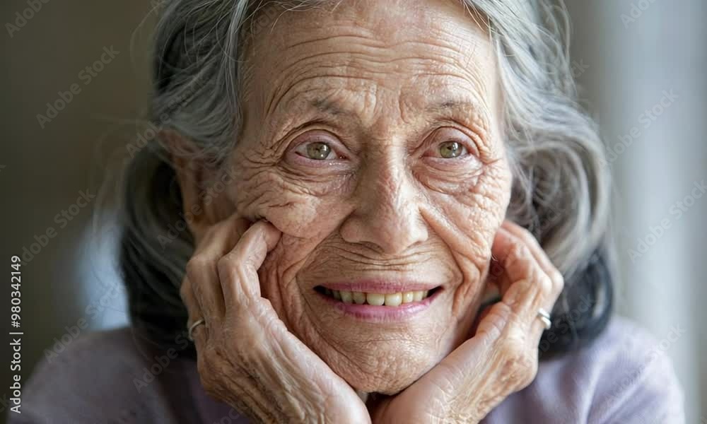 An old woman with wrinkles, grey hair and bright eyes, in natural light ...
