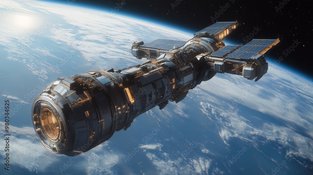 A futuristic space station with a circular living module, metallic ...