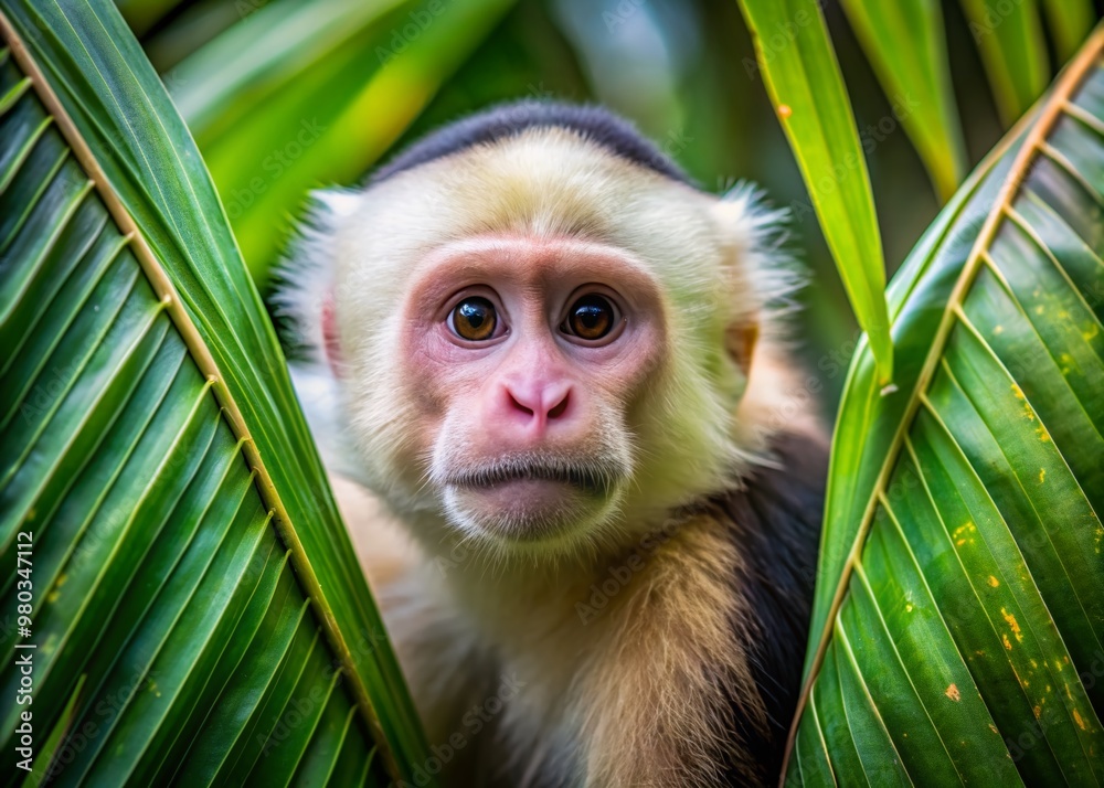 Vibrant white-faced capuchin monkey, cebus capucinus, peers through ...