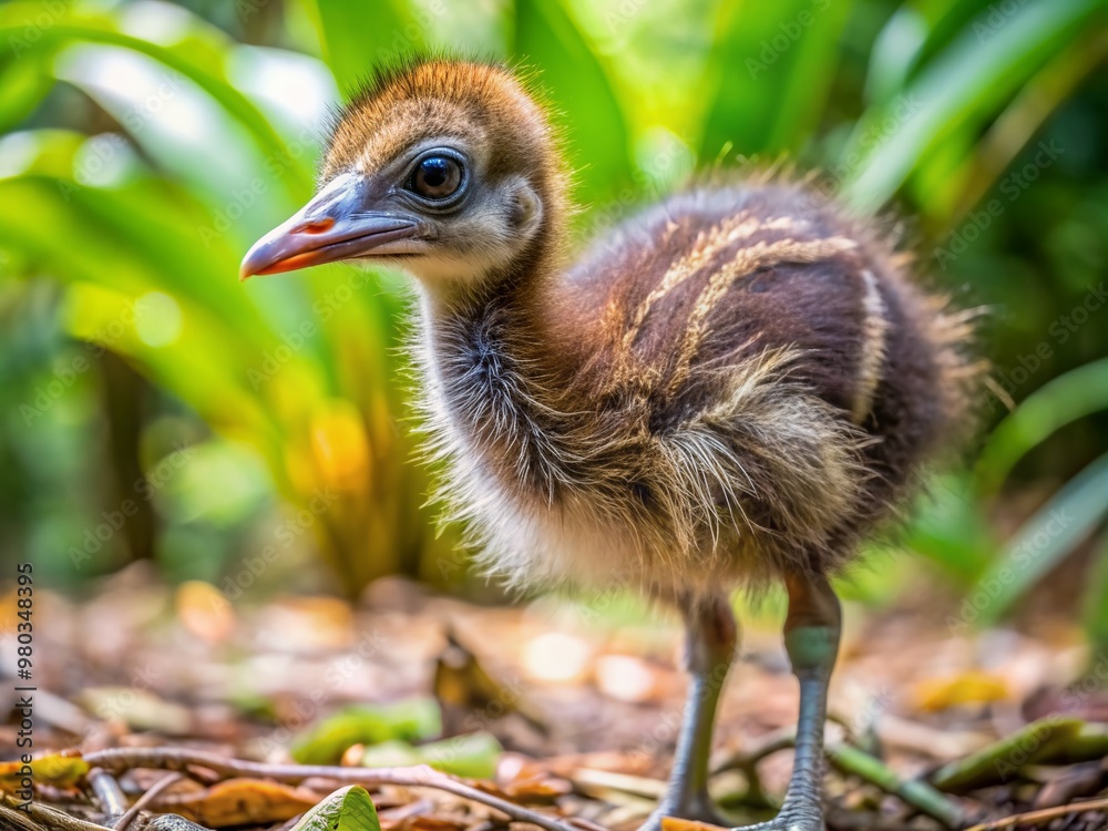 Adorable young cassowary chick with soft fluffy feathers, bright ...