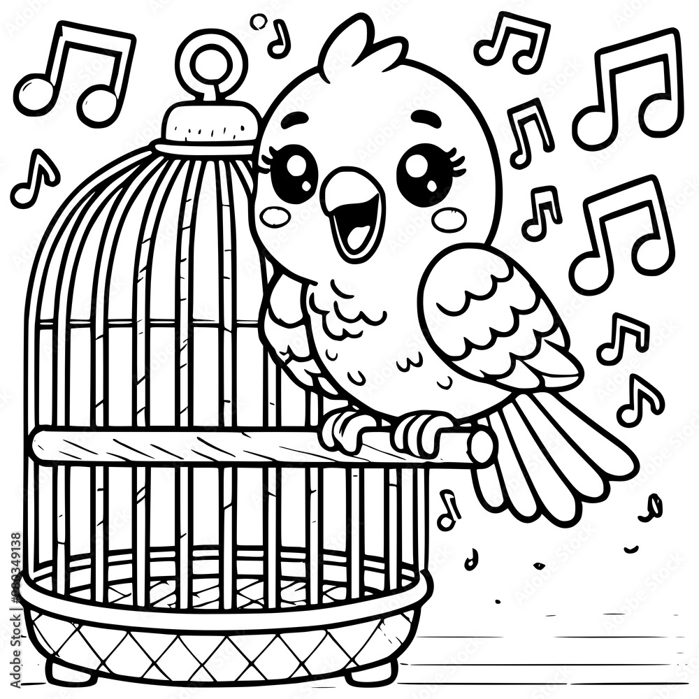 Coloring Page of a Cute Cartoon Budgie Chirping Happily in a Cage ...