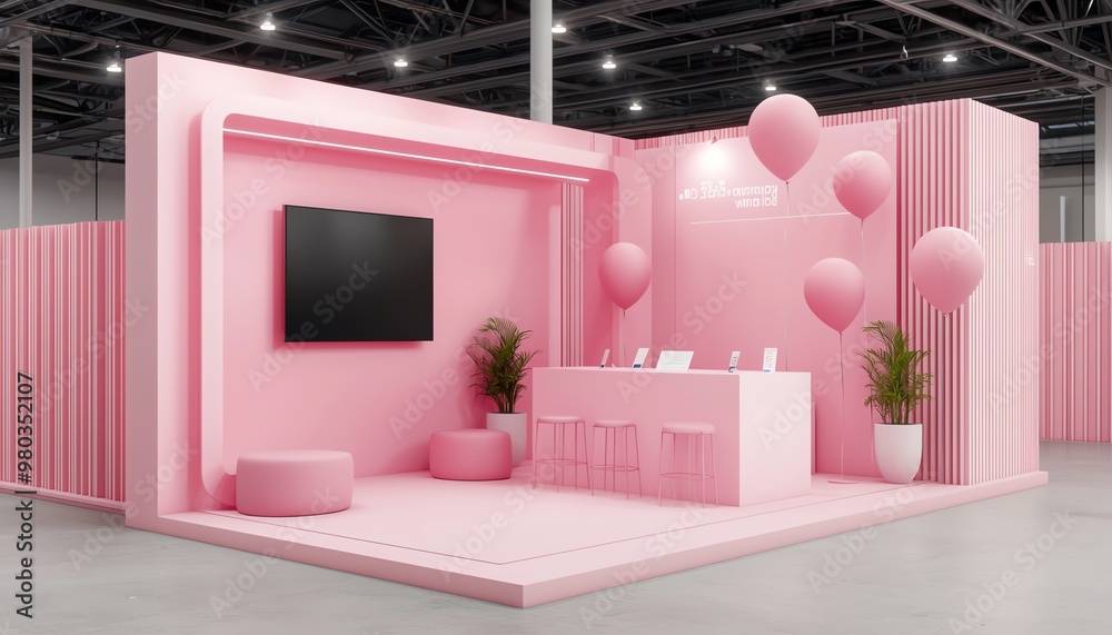 Stylish pink exhibition booth featuring balloons and a sleek design ...