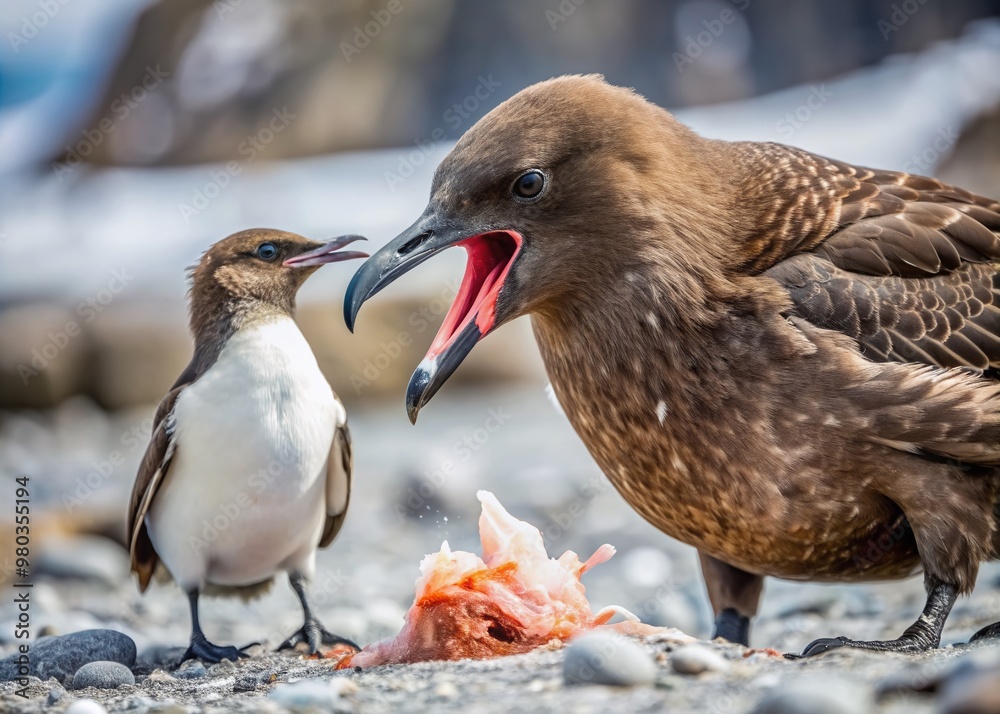 Fierce brown skua seizes and devours helpless Adelie penguin chick on ...