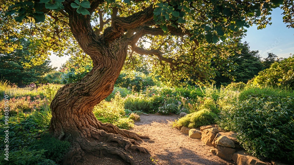 A gnarled tree rises majestically in a forgotten garden, its contorted ...