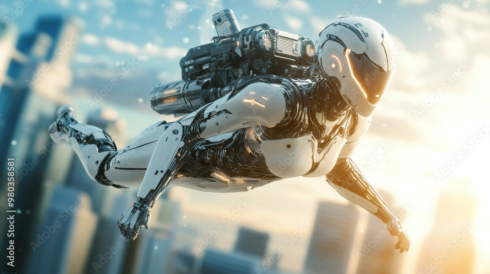 Flying cyborg woman in a superhero-style metallic suit. A sci-fi ...