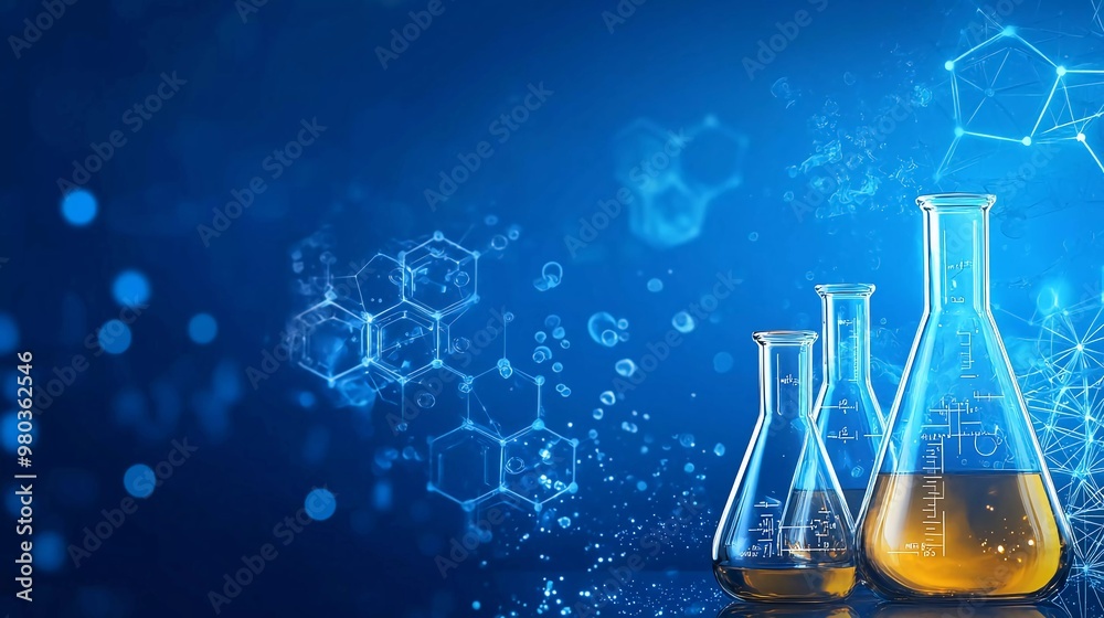 beaker and flask in science laboratory with nice chemical structure ...