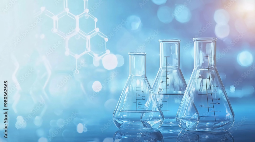 beaker and flask in science laboratory with nice chemical structure ...
