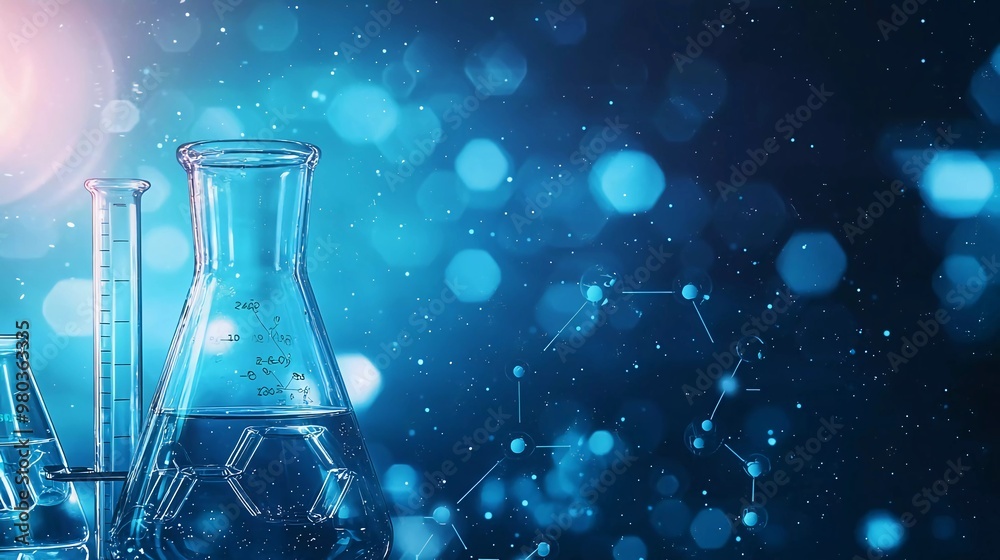 beaker and flask in science laboratory with nice chemical structure ...
