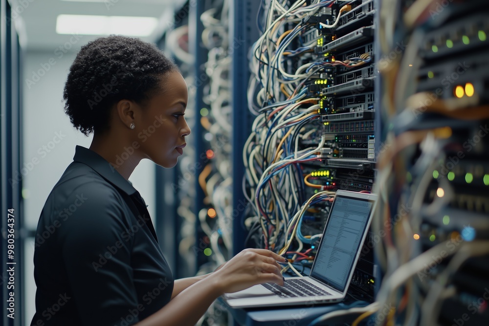 A female african american IT engineer works in a data center, analyzing ...