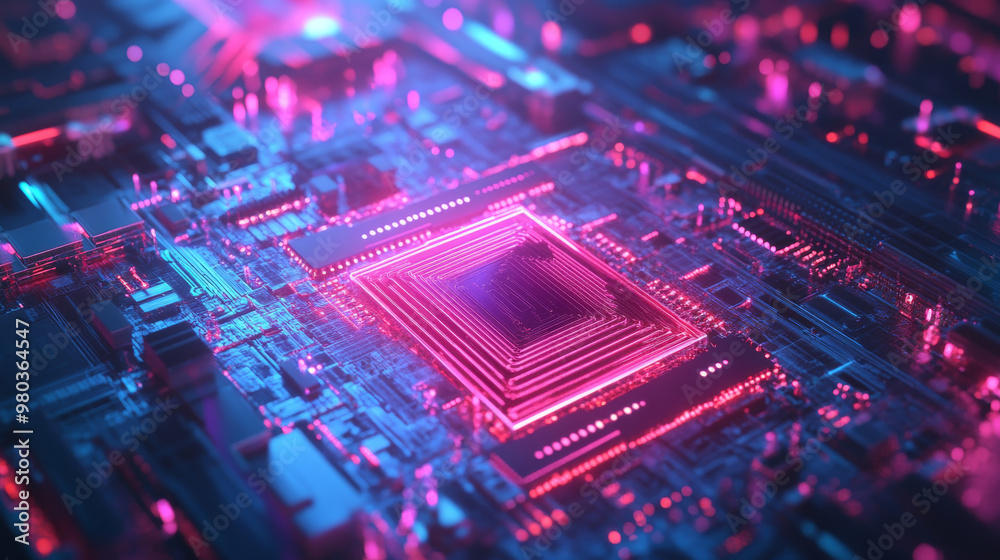 Conceptual abstraction of a quantum computer. Digital signal beam traversing a qubit within an ...