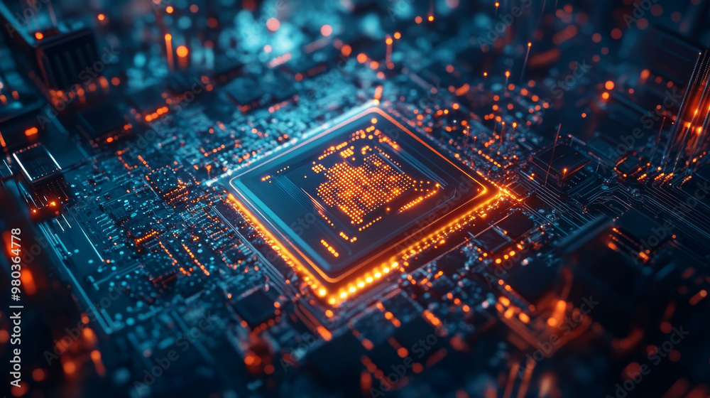 Conceptual abstraction of a quantum computer. Digital signal beam traversing a qubit within an ...