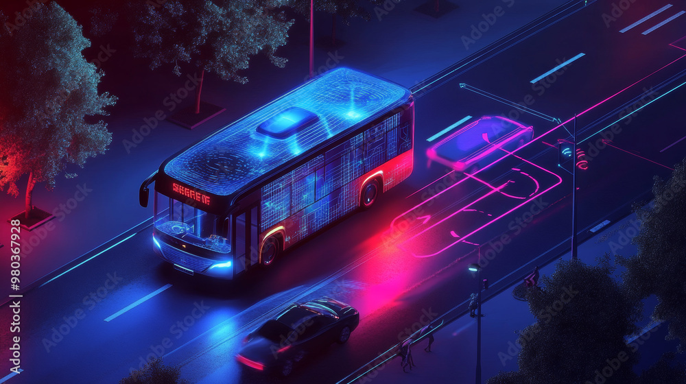 An autonomous smart bus and car traveling through a night city. The ...