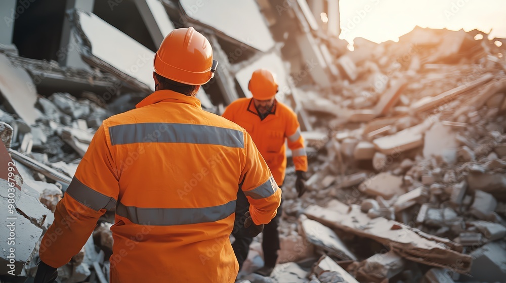 Construction workers inspect a debris-filled site after a building ...