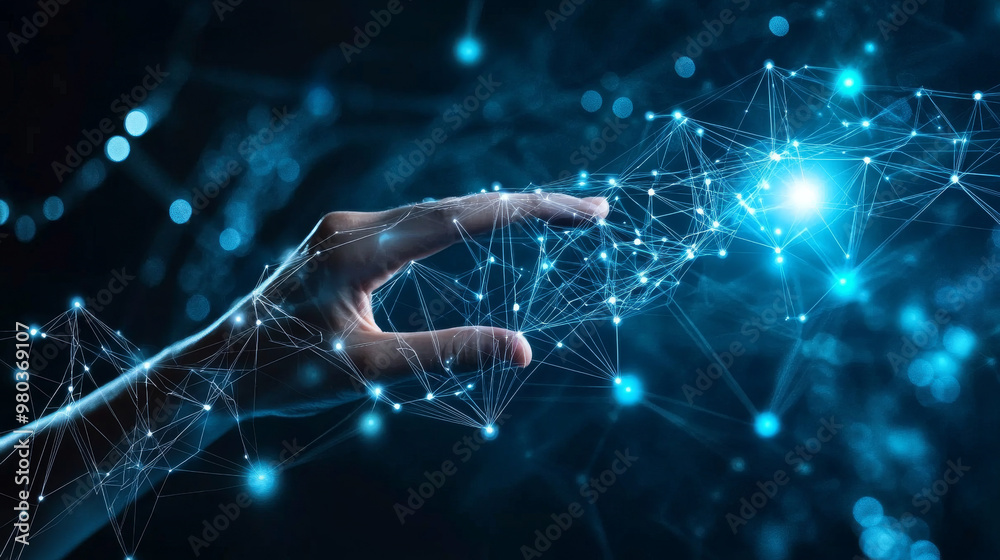Hand interacting with a global data network structure, highlighting the ...