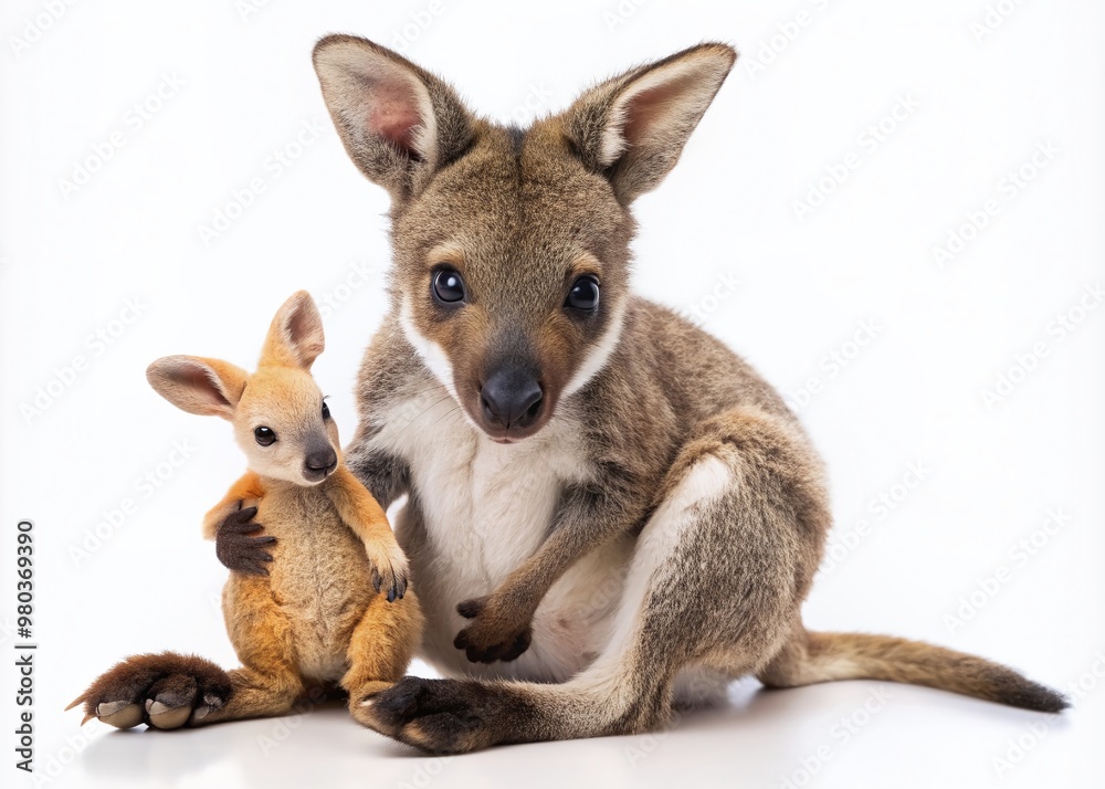 Adorable baby wallaby cuddles a soft toy kangaroo, isolated on a clean ...