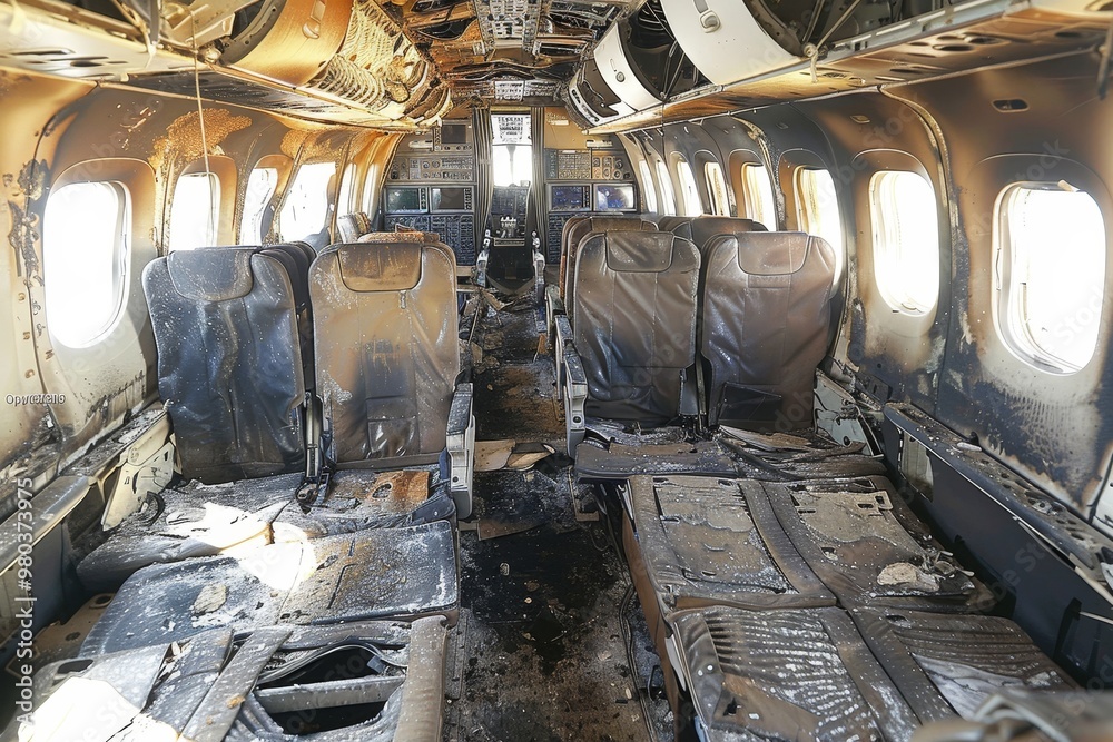 Inside the airplane cabin during a turbulent emergency landing scenario ...