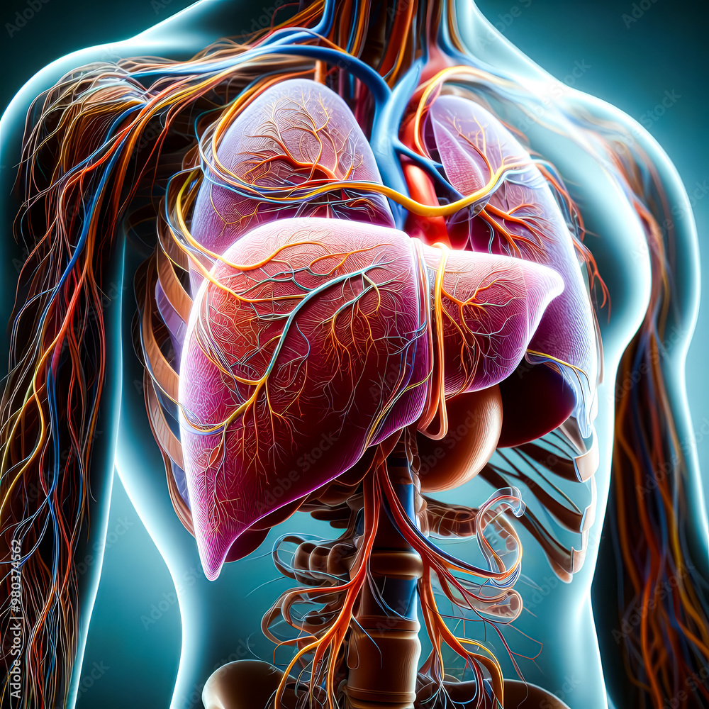 Anatomical illustration showing the location of the human liver ...
