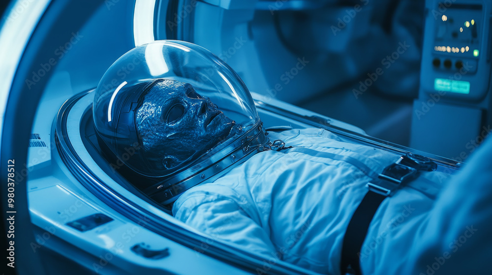 Alien in a cryogenic capsule within a science laboratory ...