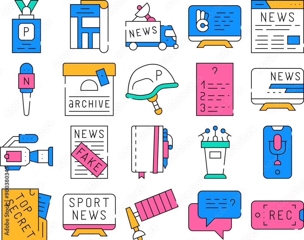 Journalist Accessories Collection Icons Set Vector. Journalist Badge ...