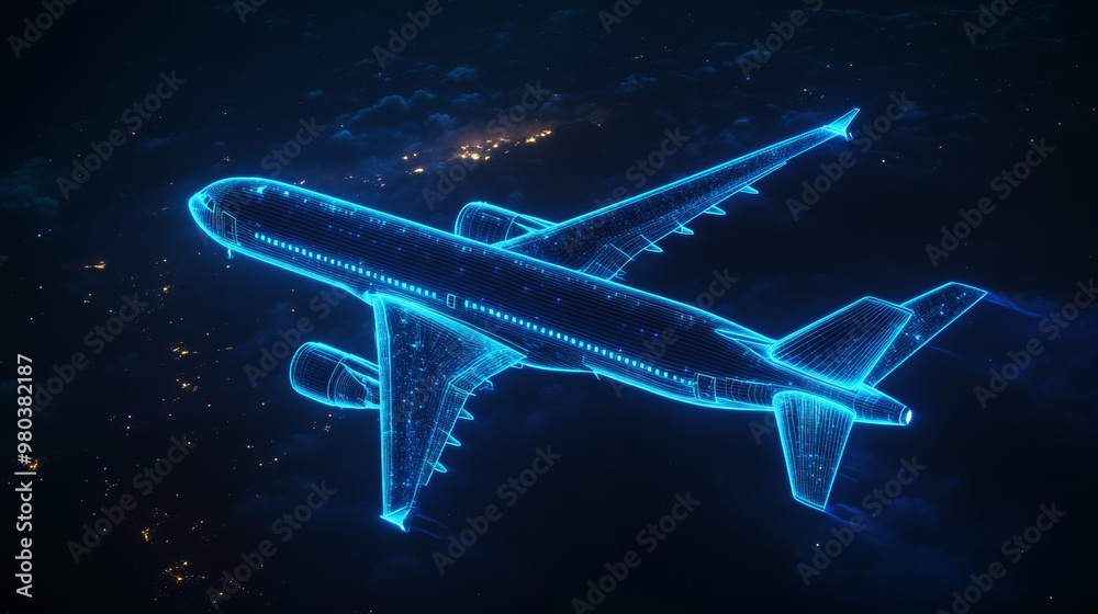 Blue neon airplane illustration in the night sky. A mesmerizing ...