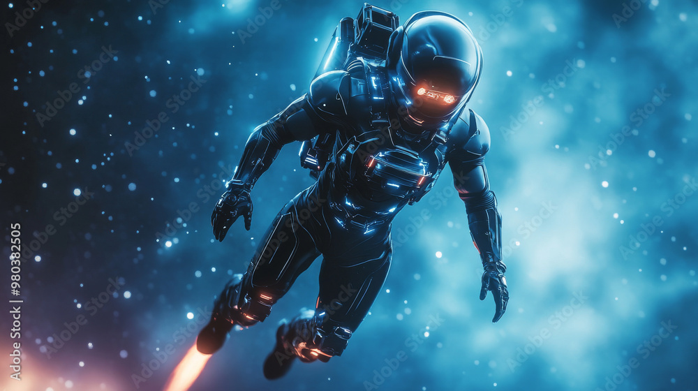 Man launching a flying jetpack. Robotic armor with a rocket engine ...