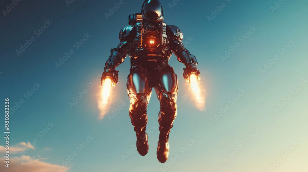 Man launching a flying jetpack. Robotic armor with a rocket engine ...