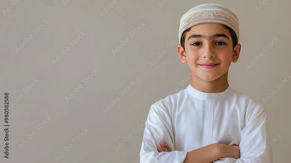 Young Middle East Arabic boy dressed in traditional Kandoora. Emirati ...