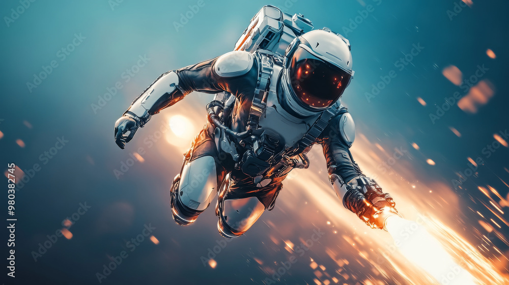 Man launching a flying jetpack. Robotic armor with a rocket engine ...