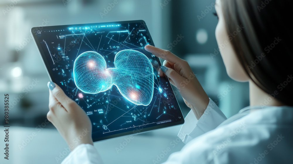 A female doctor interacting with a digital medical record tablet ...