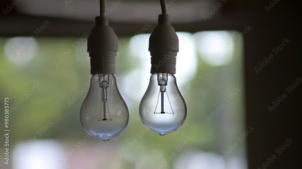 Dos bombillas colgando del techo en un interior con luz suave ...