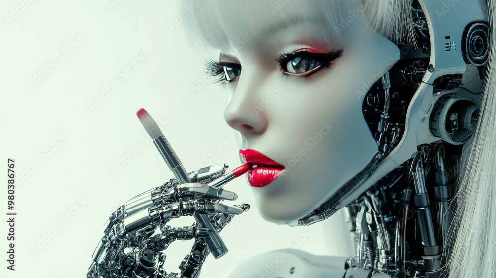 Elegant robot woman with AI, wearing a wig, applying lipstick and ...