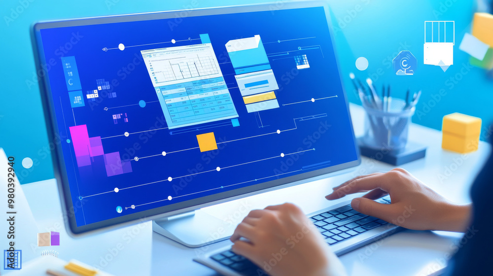 A project manager’s hand interacting with a computer UI, displaying ...