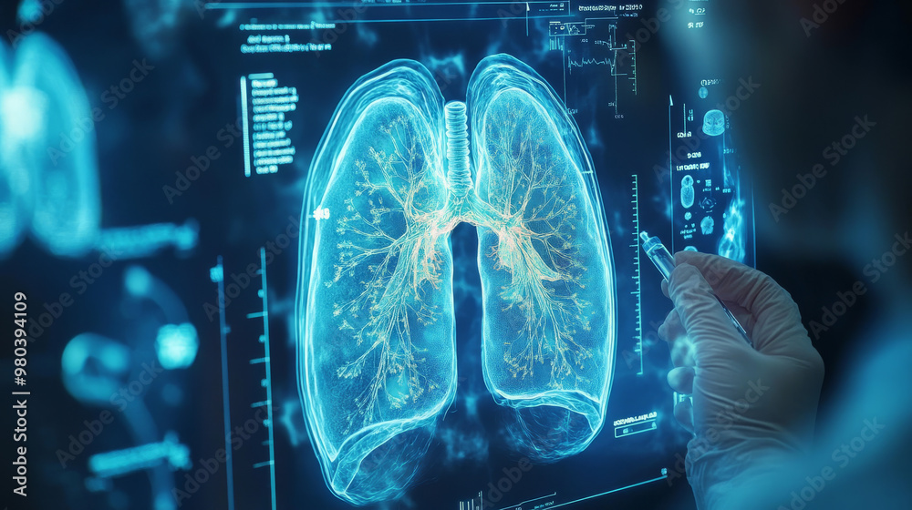 A radiology doctor diagnosing and treating virtual human lungs and long ...