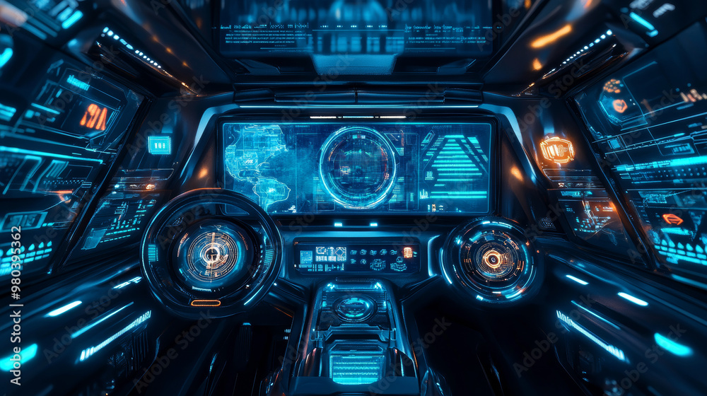 Blue virtual reality environment. Futuristic VR interface, Head-Up ...