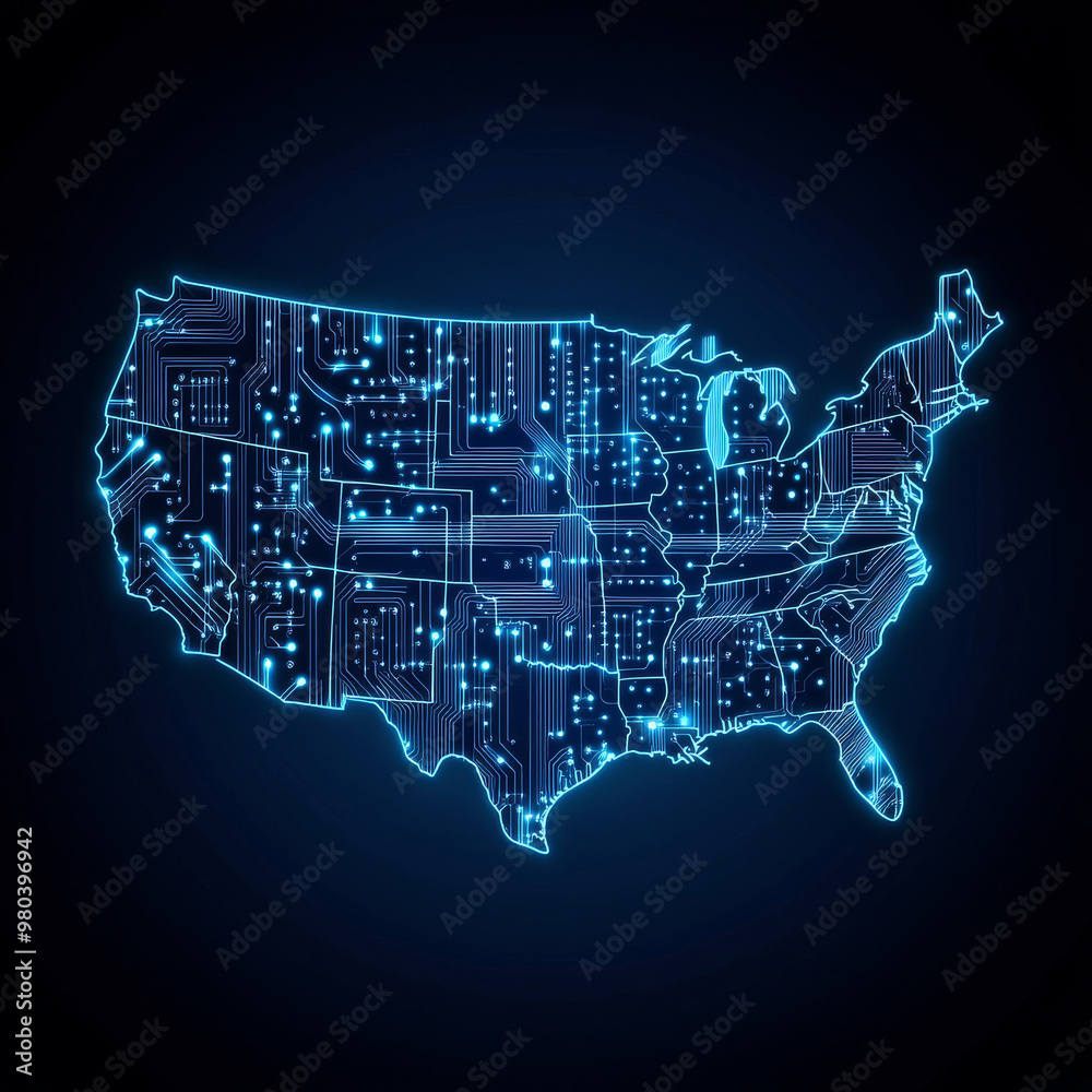 USA technology conceptual banner: a map of the United States designed ...